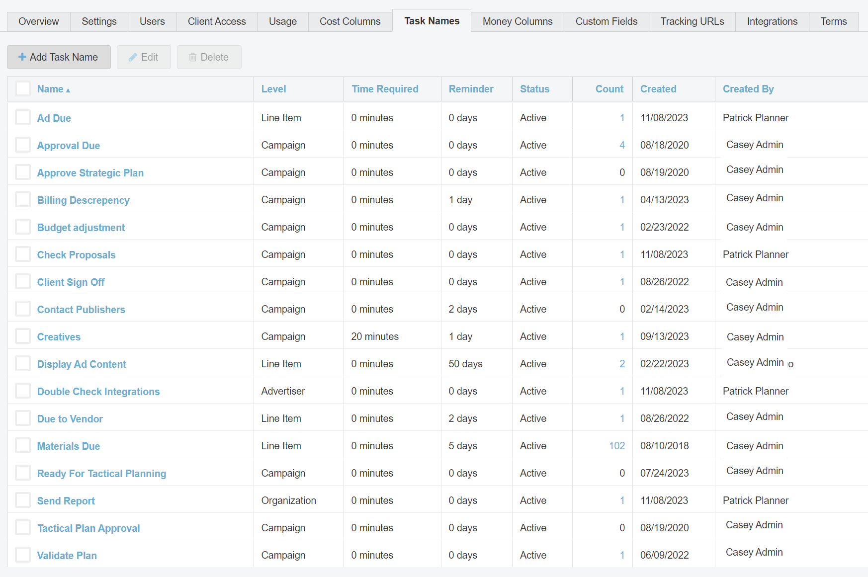 Manage Custom Task Names